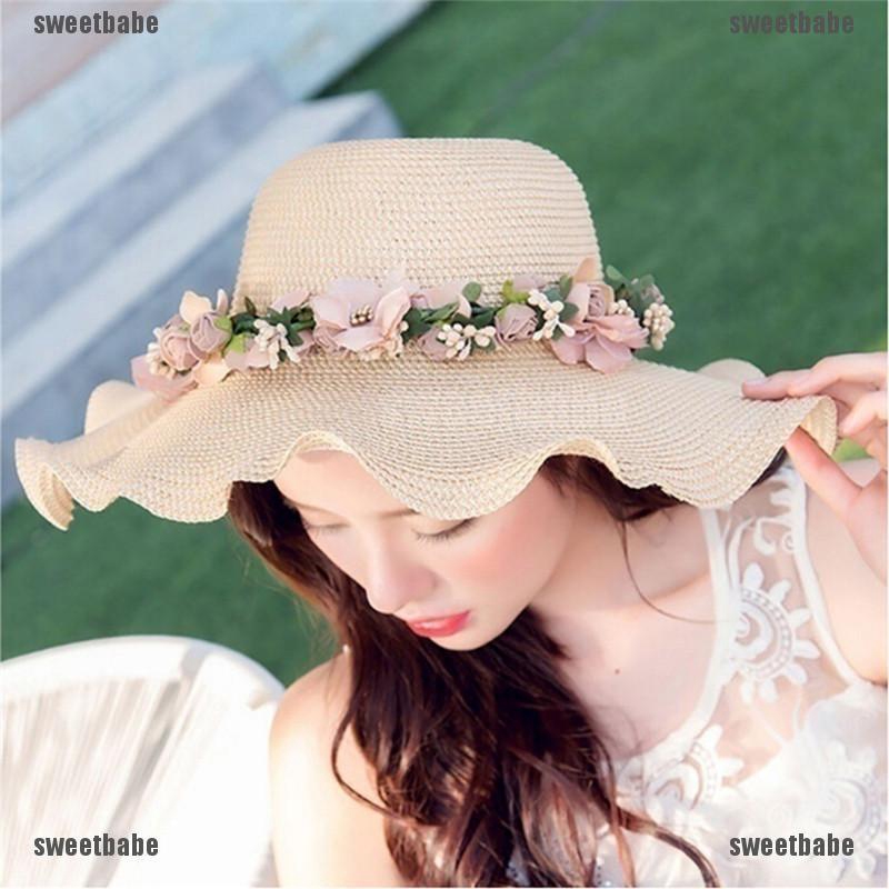 Women Ladies Summer Sun Beach Hat Outdoor Sun Hat with Flowers Elegant ...