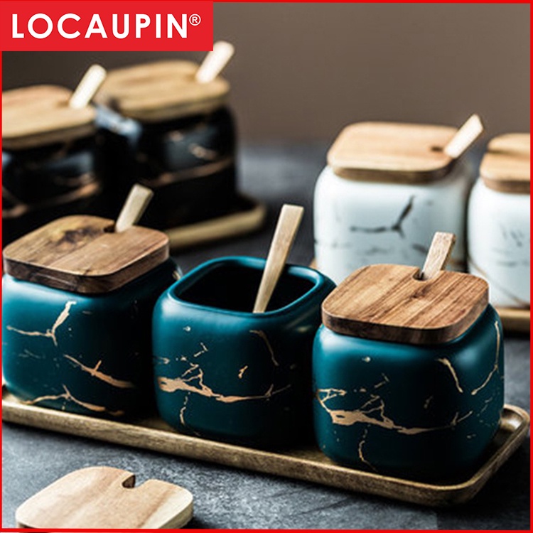 Locaupin Kitchen Ceramic Spice Jar Set Seasoning Dispensers Porcelain ...
