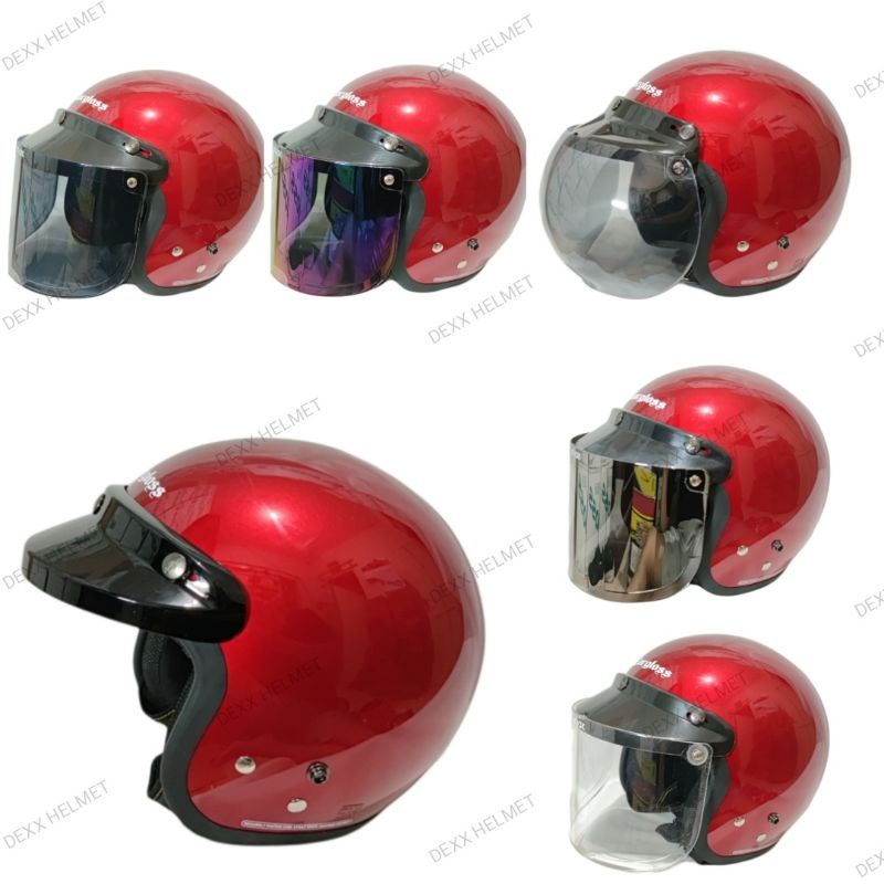 MERAH Original Glossy Red CFM Deep Red Met Retro Cargloss Helmet + Flat ...