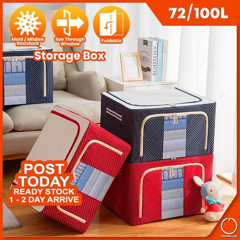 𝗙𝗢𝗟𝗗𝗔𝗕𝗟𝗘 Oxford Box Steel Frame Clothes Dual Zip Opening 72L 100L Large ...
