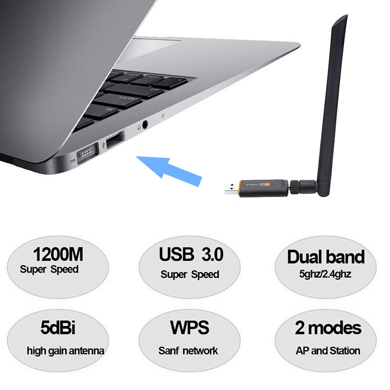 1200Mbps USB Wifi Adapter Dual Band 5GHz Wireless Dongle Wi Fi Antenna ...