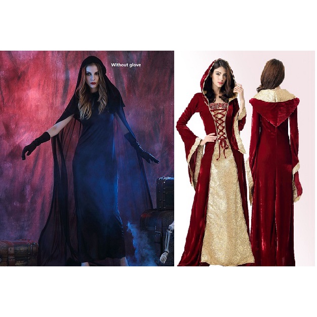 Halloween Queen Costume Maroon Color Witch Hooded Maxi Vintage Court ...