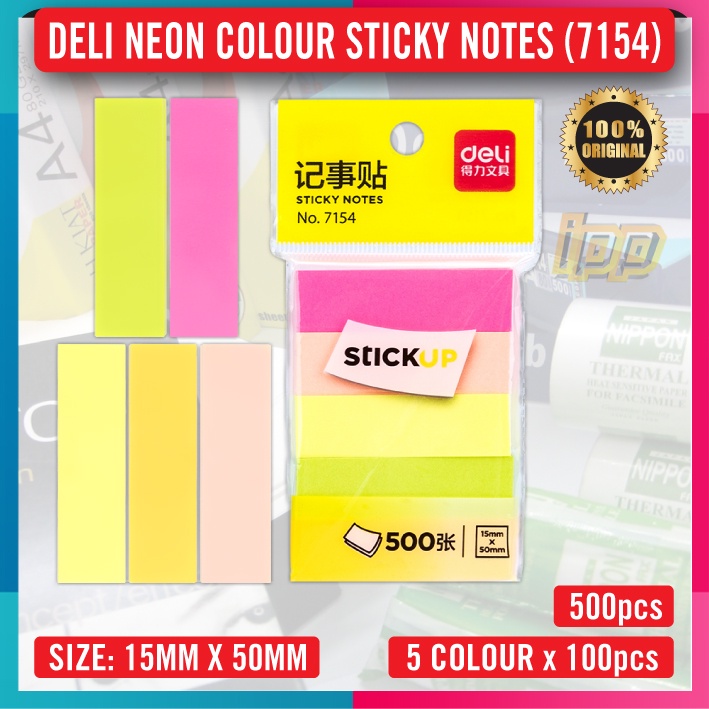 Deli Neon Colour Stick-On Notes 15mm X 50mm / Sticky Note 5 Neon Colour ...