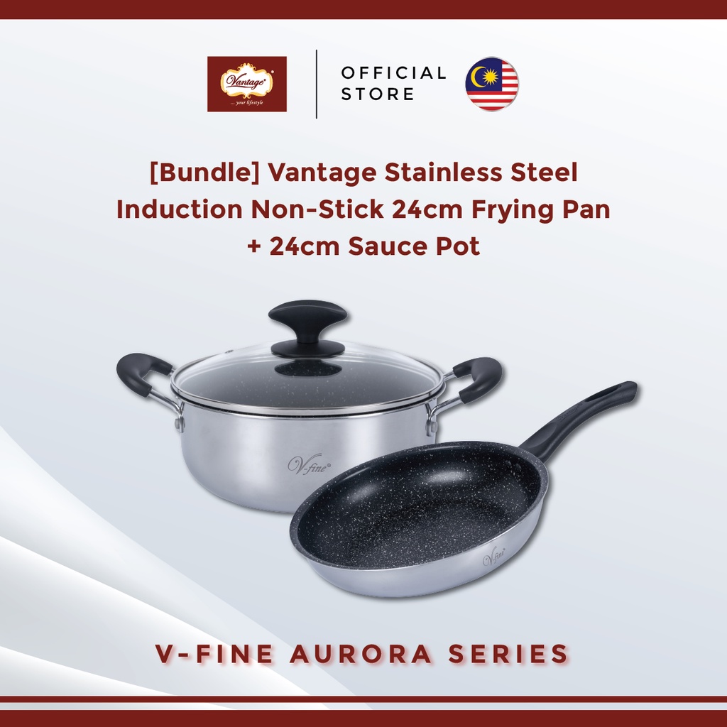 Vantage Aurora Stainless Steel Non-stick 24cm Fry Pan + Sauce Pot ...