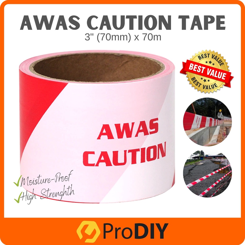 1 ROLL 3-Inch (70mm) x 70m Warning Awas Caution Tape Red White / AWAS Tape Floor Marking Tape ...