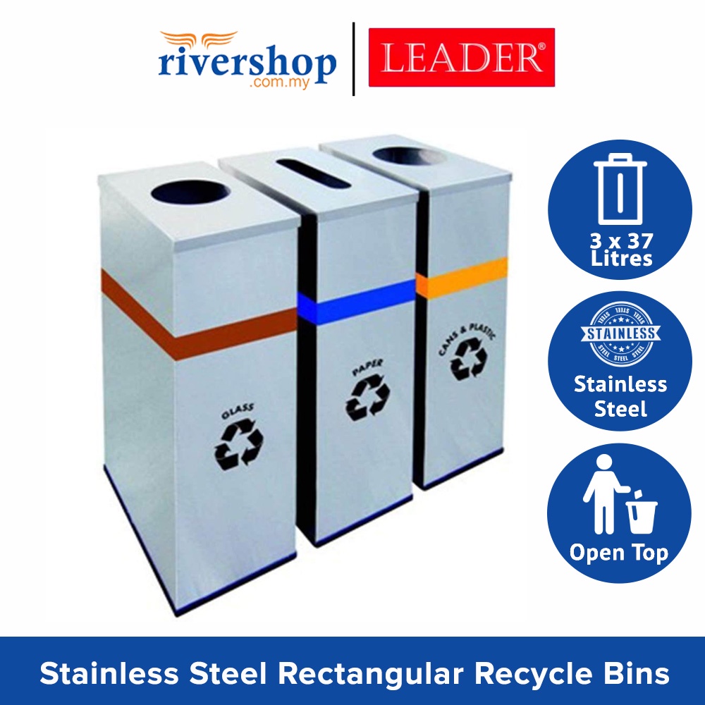LEADER 3 x 37Litres Stainless Steel Recycle Bin /Recycle Rectangular ...