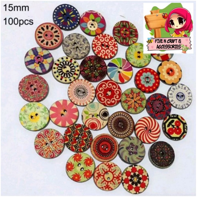 💥100pcs🇲🇾Butang Kayu Bulat Bercorak/Patterned Round Wood Buttons Size ...
