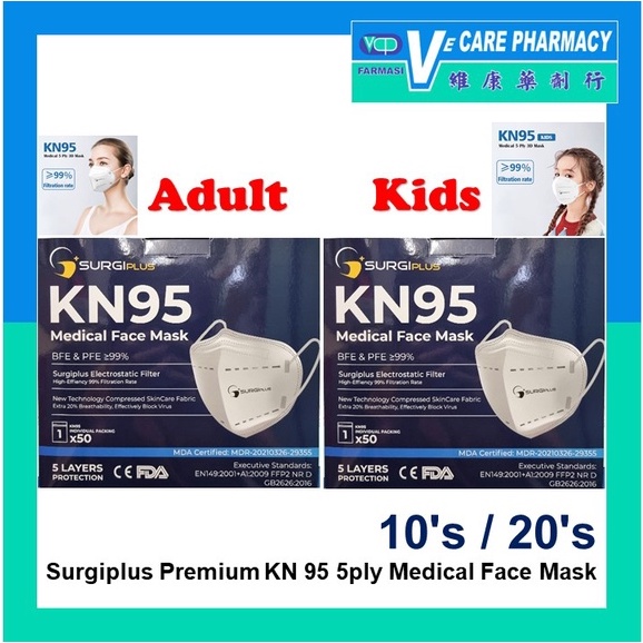 SurgiPlus Premium KN95 Adult/Kids Medical Face Mask 5 Layer Protection ...