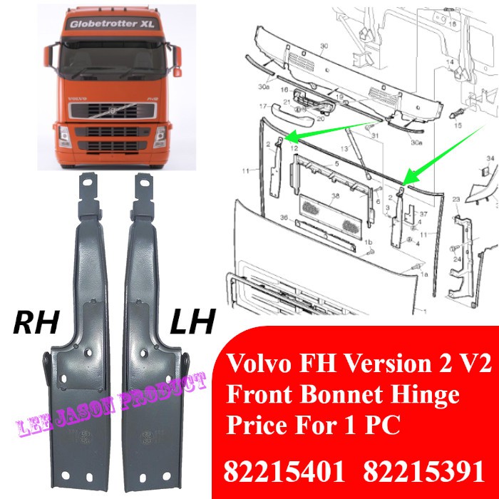 J10S14 VOLVO TRUCK FH VERSION 2 V2 82215401 82215391 FRONT BONNET HINGE ...