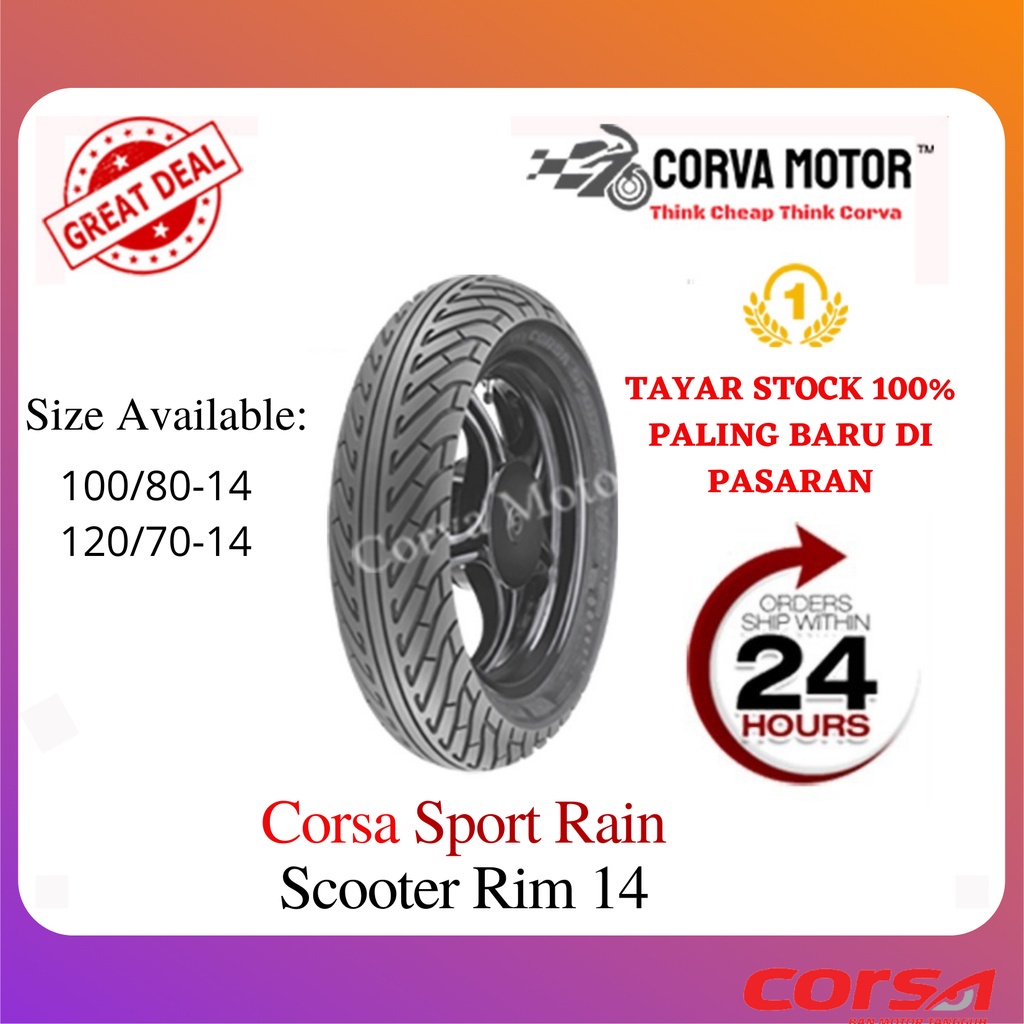 Corva Motor Tayar Corsa Scooter Tubeless Sport Rain 100/80-14, 120/70 ...