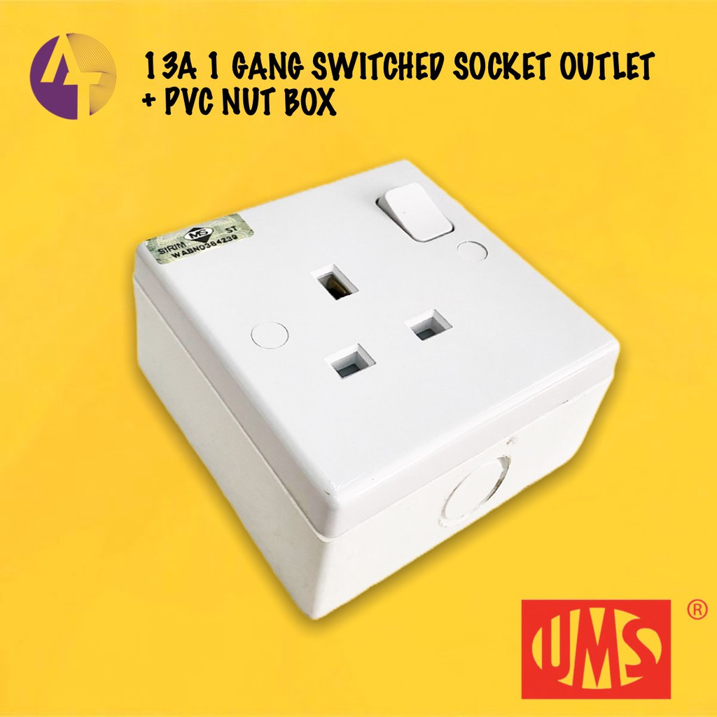UMS 13A 1 Gang Switched Socket Outlet (1213A) + PVC Nut Box 3" x 3 ...