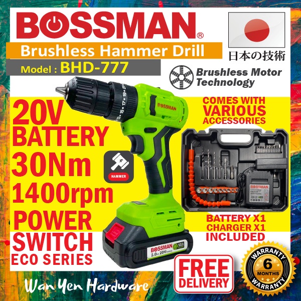 BOSSMAN 20V Brushless Cordless Impact Hammer Drill with Tools Kit - ECO ...