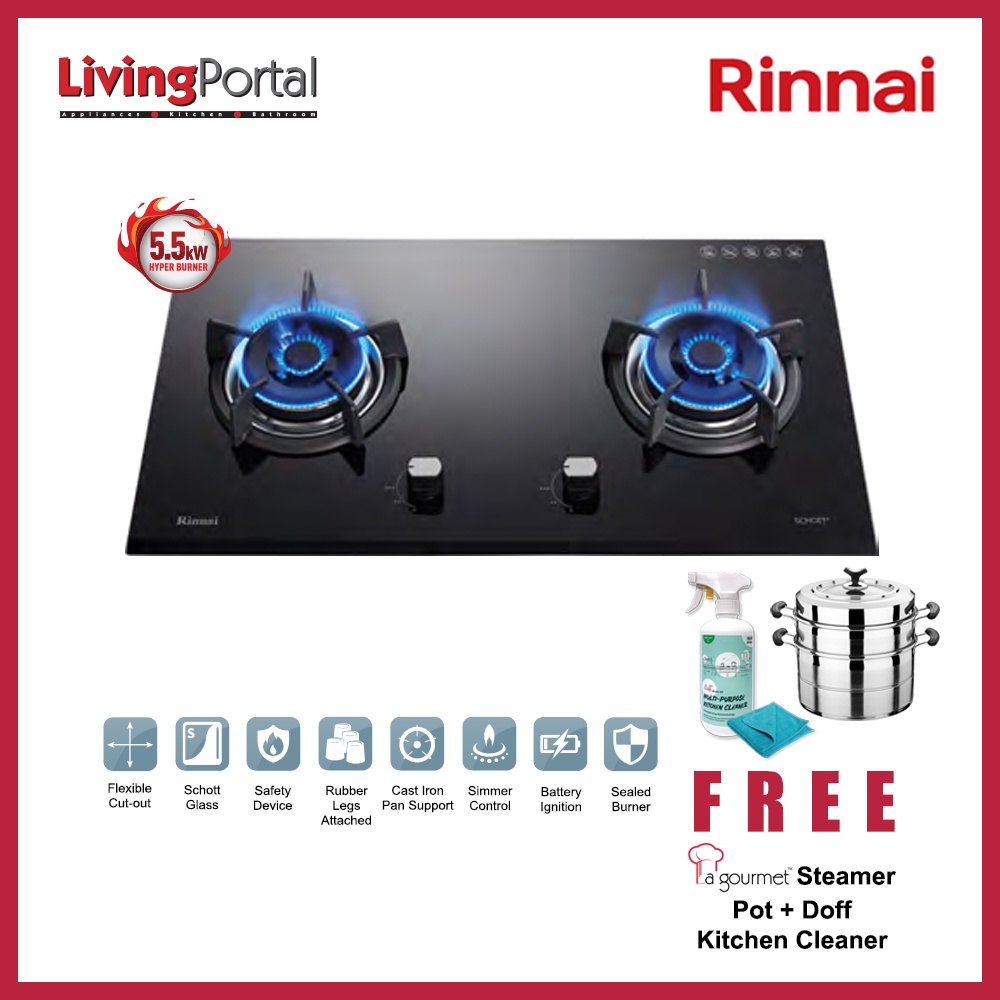 RINNAI 2 Hyper Burner Gas Hob RB-72G - ( Free Branded Pot Set + Glass Detergent ) | Shopee Malaysia