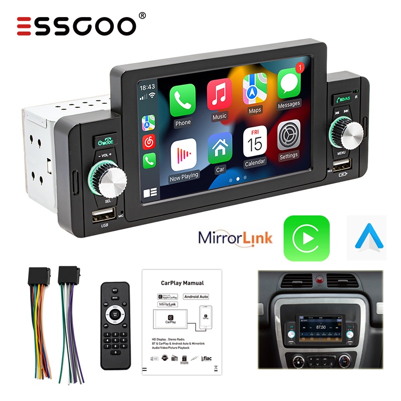 ESSGOO 5" Single Din Car Stereo Radio MP5 Bluetooth Player With Carplay Android Auto Mirror ...