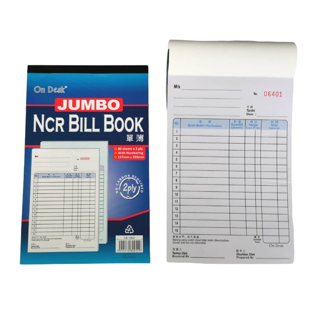 Bill Book NCR With Numbering Jumbo 5" x 8" / 80set x 2ply /50set x 3ply ...