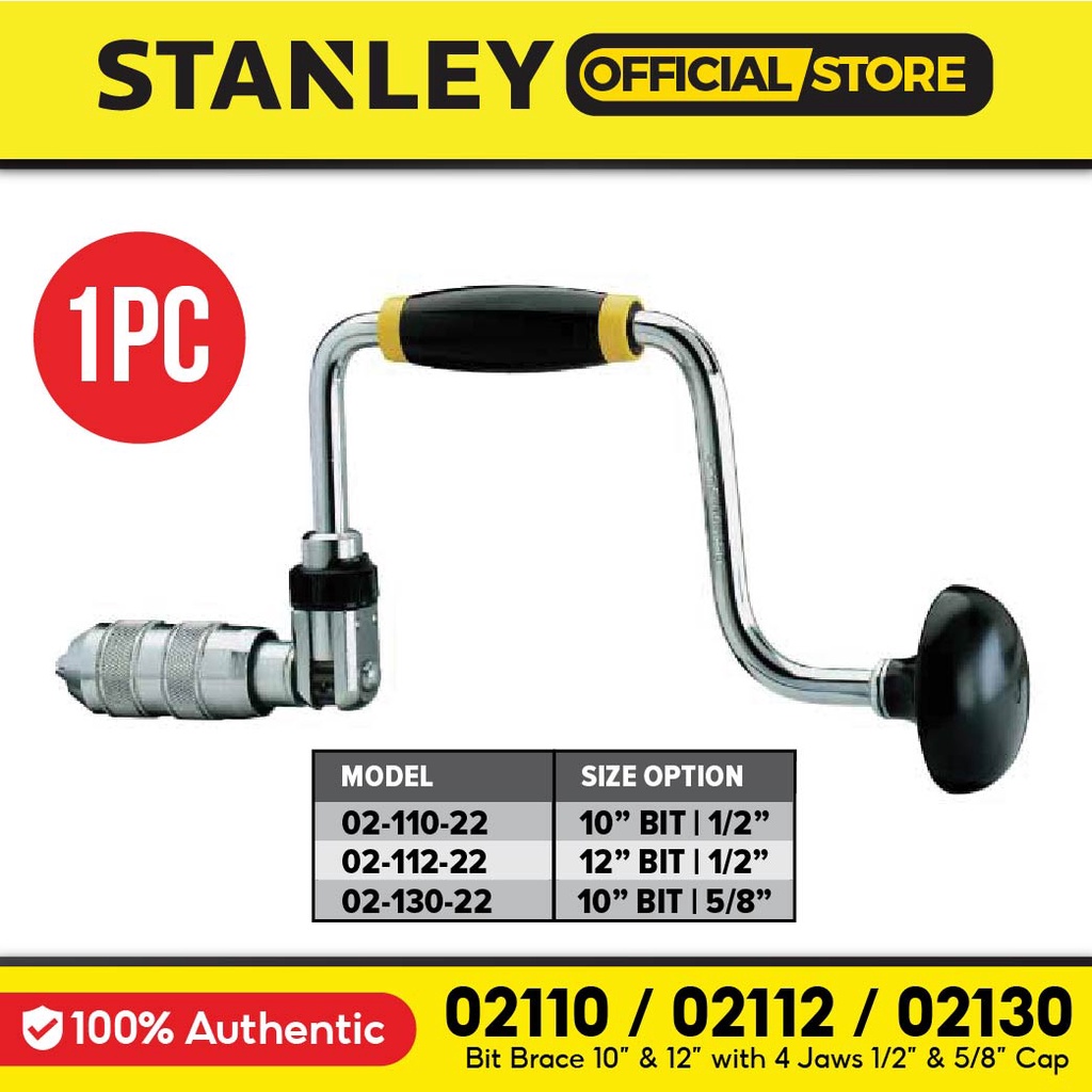 Stanley 02110 / 02112 / 02130 OPEN RATCHET BIT BRACE 10" & 12" WITH 4 ...