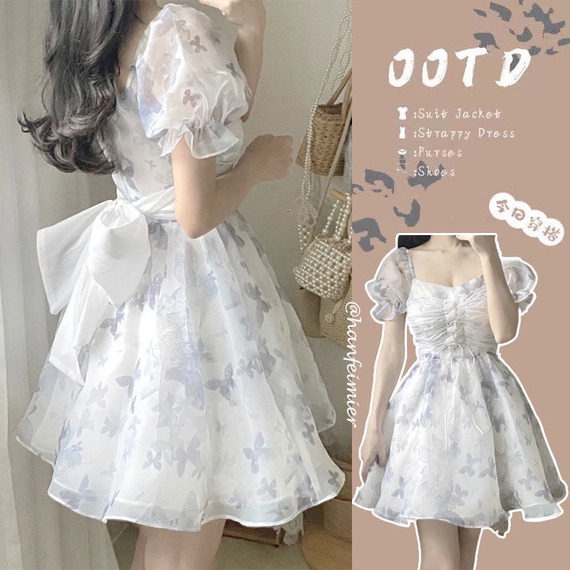 Wear it gently with women's Korean lace up bo温柔系穿搭女韩版系带蝴蝶结泡泡袖收腰显瘦连衣裙潮 ...