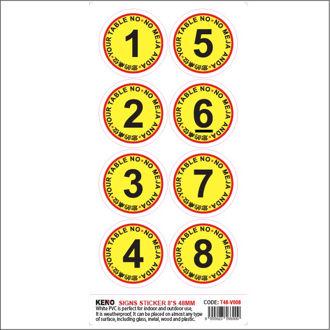 TABLE NUMBER STICKER WITH MATTE LAMINATED 1 TO 8, 48MM DIAMETER ...