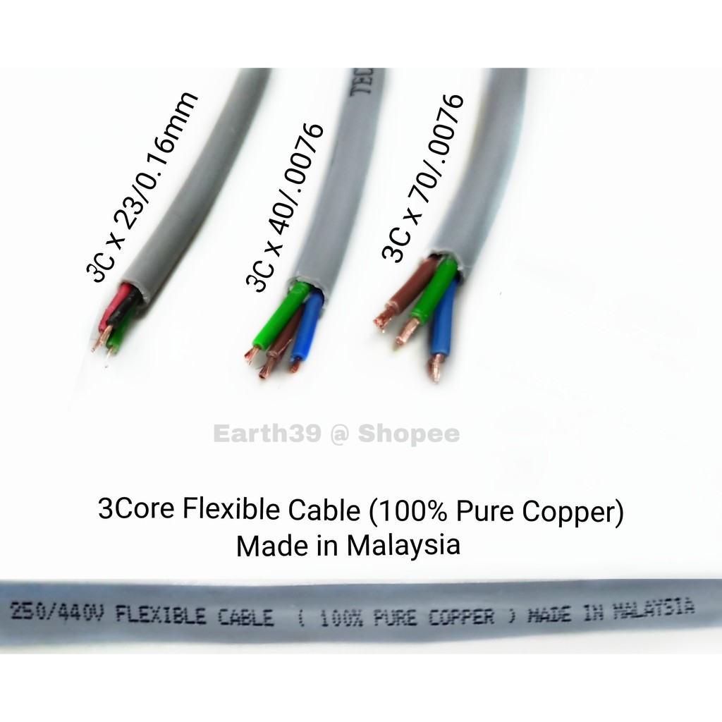 5 Meters or 10 Meters 250/440V 3Core Flexible Cable (100% Pure Copper ...