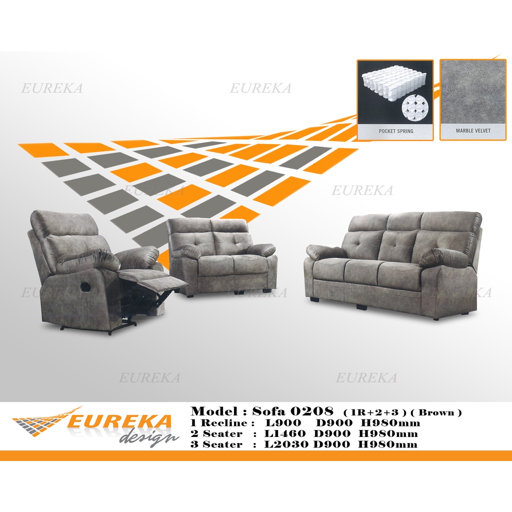 EUREKA Sofa Set 1+2+3 Recliner Modern Luxury Upholstery Velvet Wood 0208 (Deliver & Installation ...