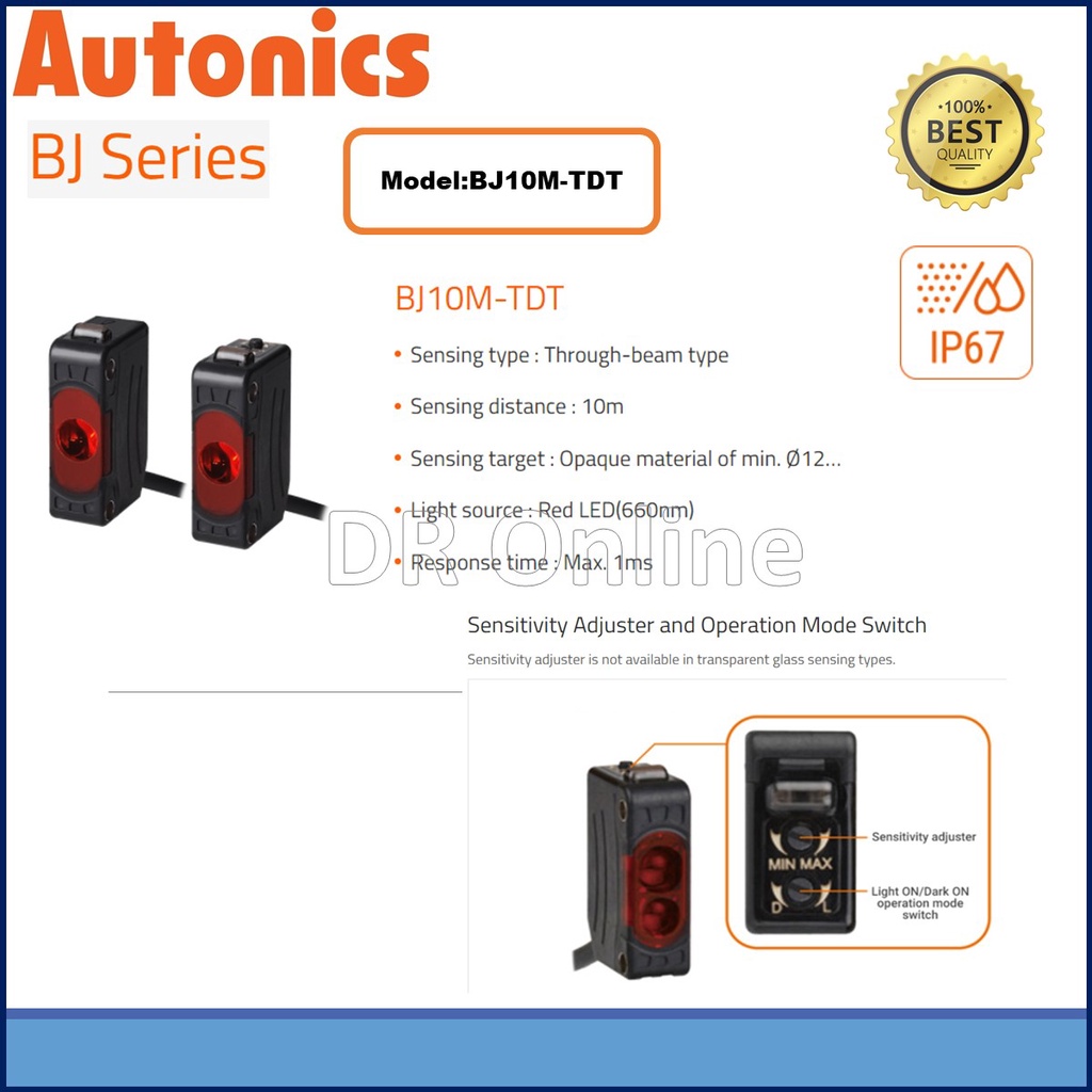Autonics Photoelectric Sensor BJ10M-TDT Through Beam Sensor NPN 12-24VDC ~ THRO.-BEAM ~ 10M ~ T ...