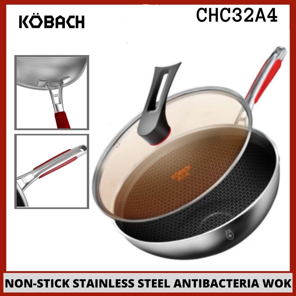 KOBACH CHC32A4 4th Gen Antibacterial 32cm Non-Stick Stainless Steel Wok ...