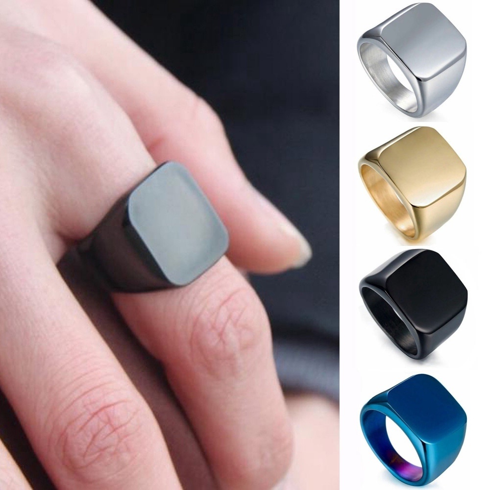 Cincin Fashion Men Ring Stainless Steel Polished Simple Square Rings ...