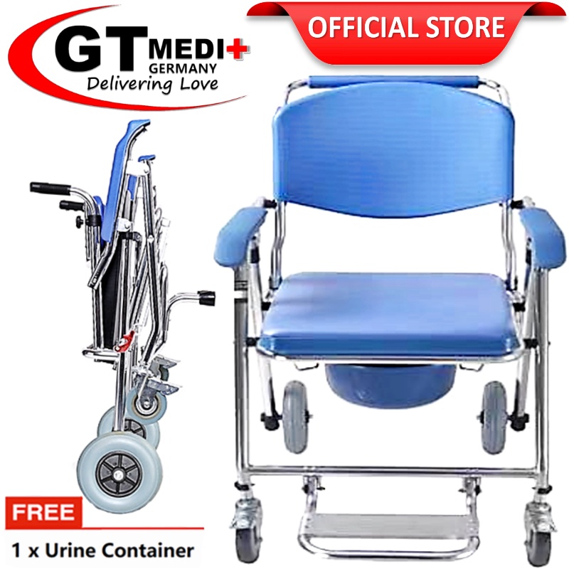 GT MEDIT GERMANY Aluminium Foldable Commode Wheel Chair Bath Shower Mobile Potty Toilet Seat ...