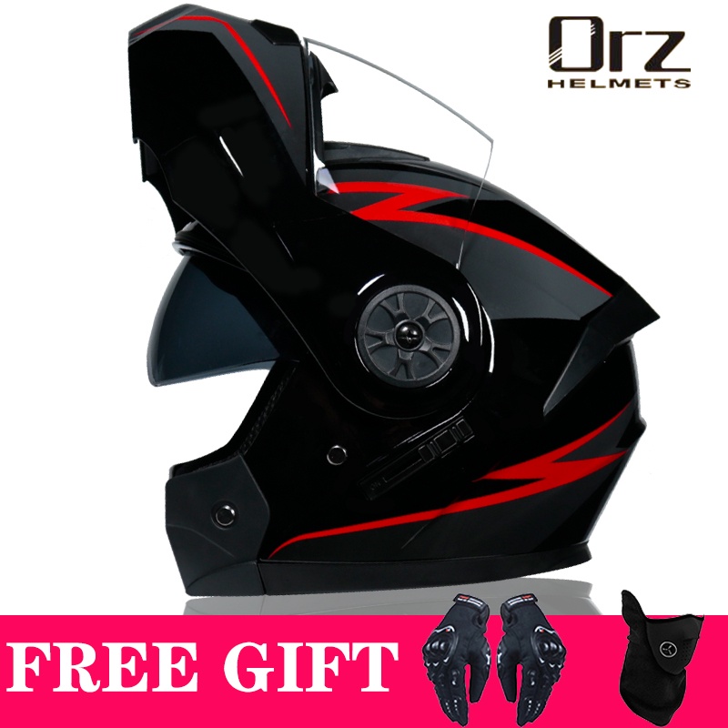 Safety modular flip motorcycle helmet double lens built-in sun visor ...