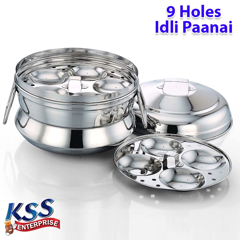 9 Extra Deep Holes Stainless Steel Idly Panai with 2 Idly Plates Steams ...