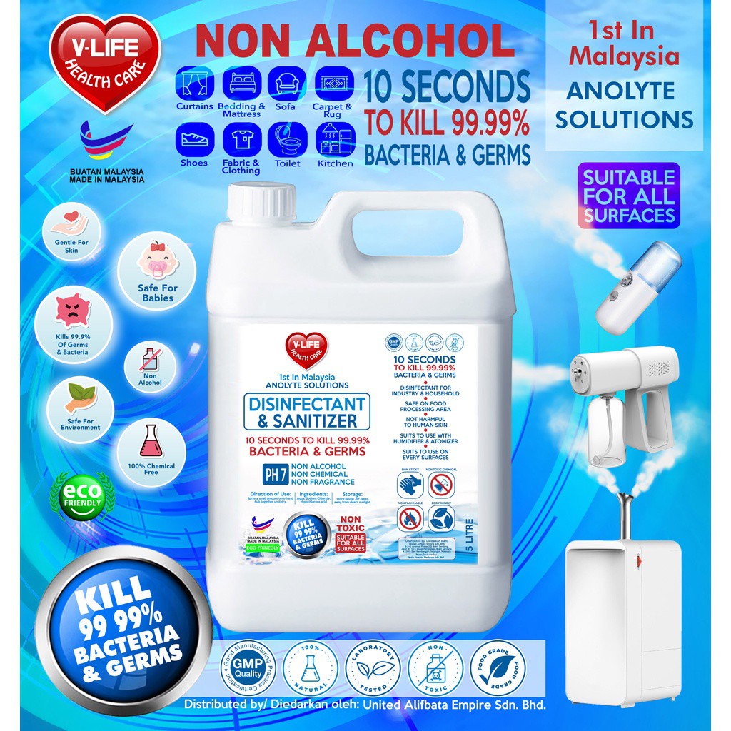 VLIFE Hand Sanitizer 5L - Anolyte Solution - Neutral PH7 Alcohol Free ...