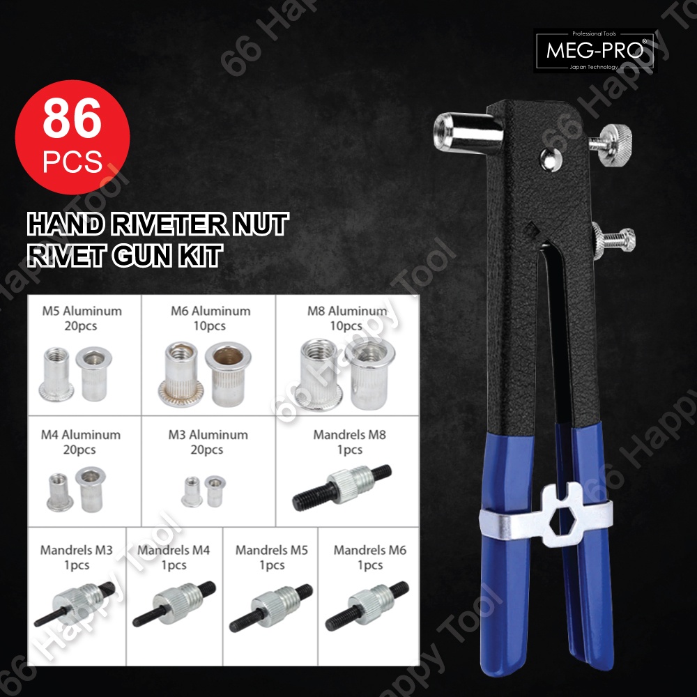 Meg-Pro 86Pcs Hand Riveter Nuts Rivet Gun Kit M3-M8 Blind Riveter Gun ...