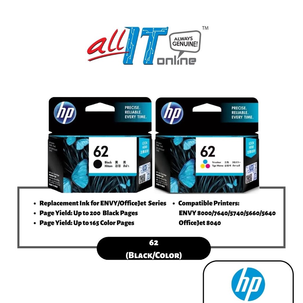 HP 62 Ink Cartridge (Black/Color) ( C2P04AA / C2P06AA ) | Shopee Malaysia