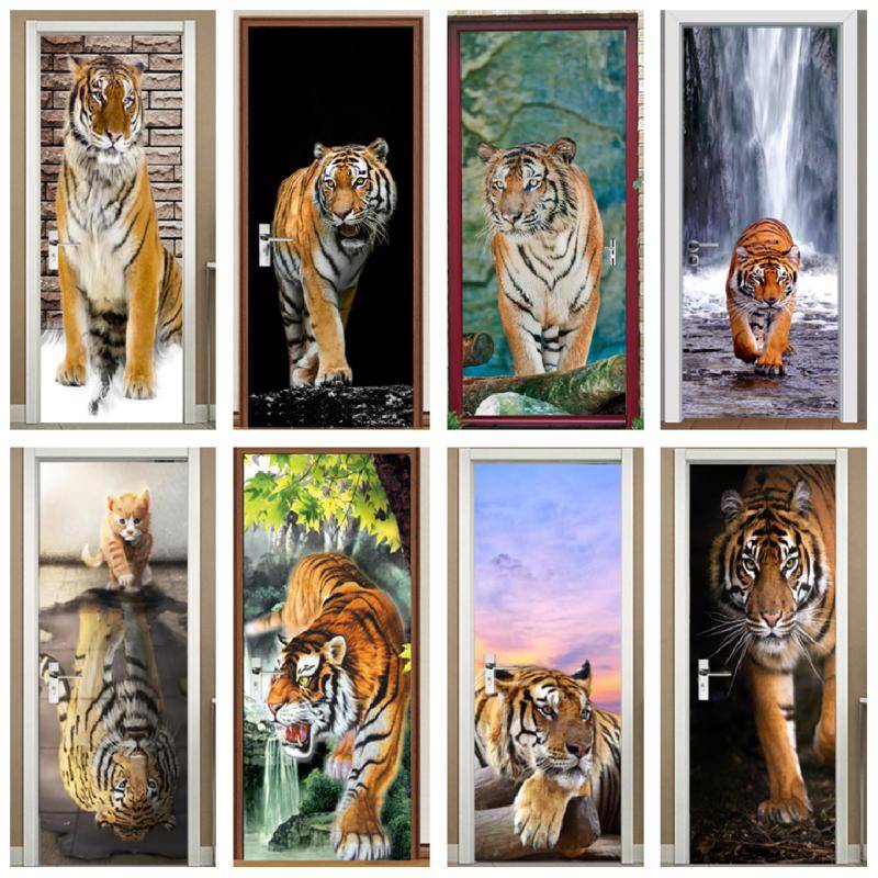 3D Vision Tiger Door Sticker Wallpaper For Living Room Bedroom ...