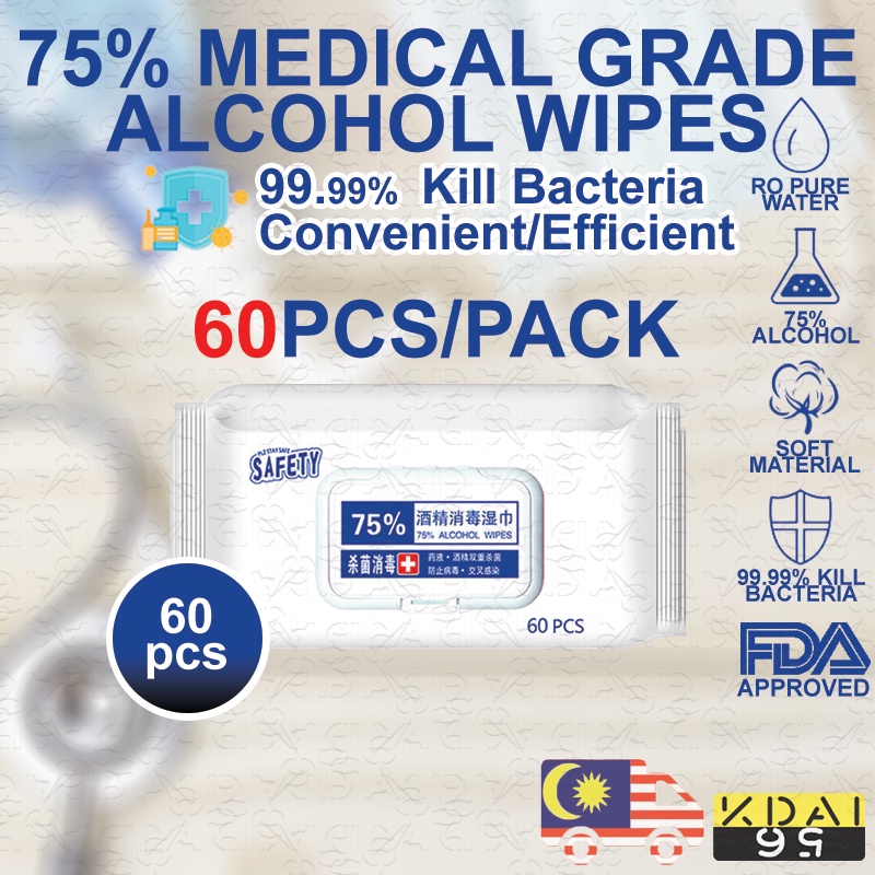 PREMIUM GRADE 75% 60pcs REAL Alcohol Wipes Antibacteria Disinfect ...