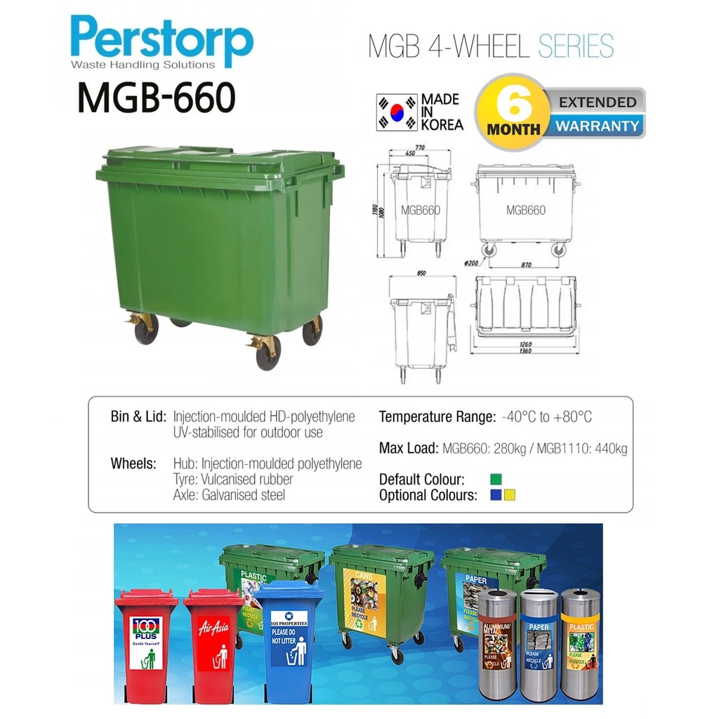 Perstorp MGB 660-Litres (Green) HDPE Four Wheel Trash Bin -Korea Made ...