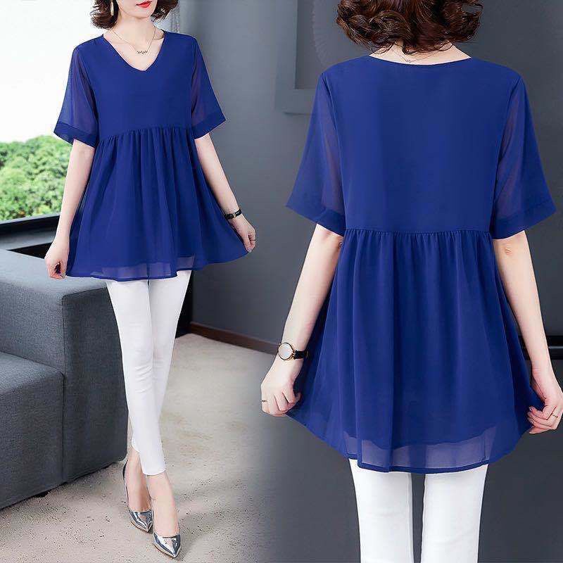 Chiffon V Neck Plus Size Blouse Womens Summer Loose All Match Casual