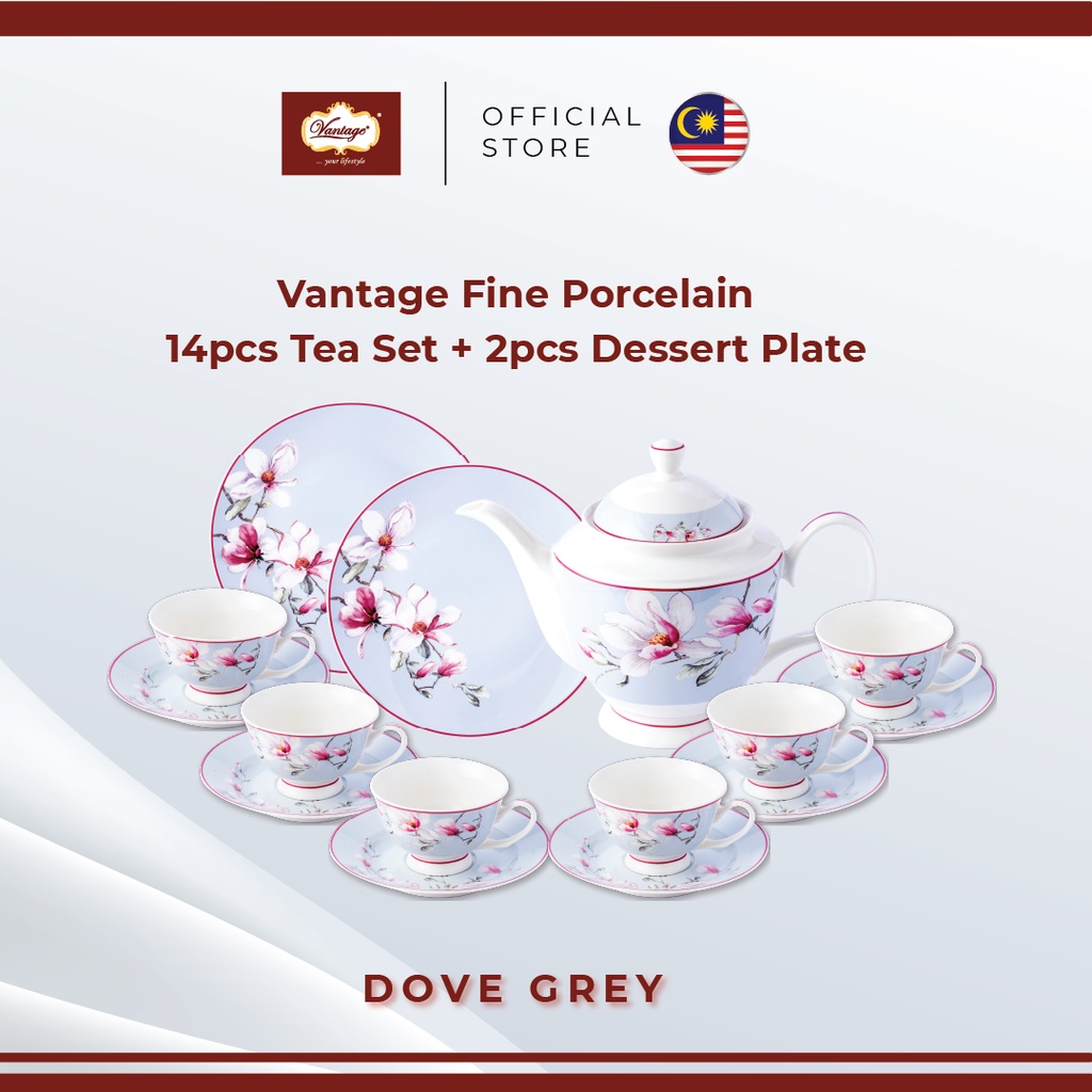 Vantage Dove Grey Magnolia Fine Porcelain Tea Set(14pcs + 2pcs Dessert ...