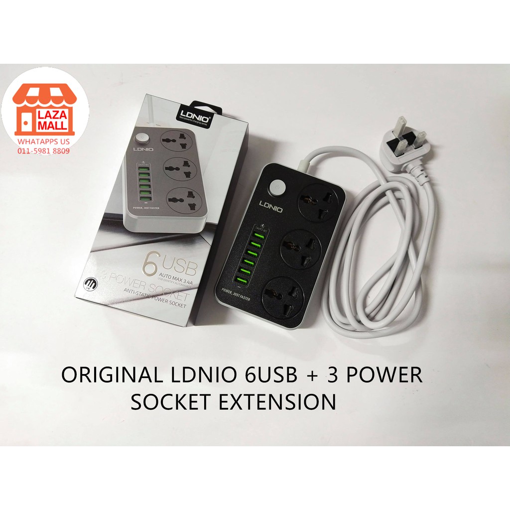 ORI LDNIO Charger Power Socket EXTENSION wayar 3 AC + 6 USB port SMART ...