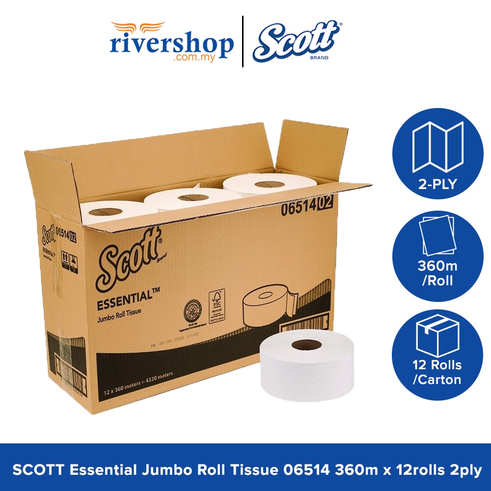 SCOTT Essential Jumbo Roll Tissue 06514, 360m x 12rolls 2ply / Toilet ...