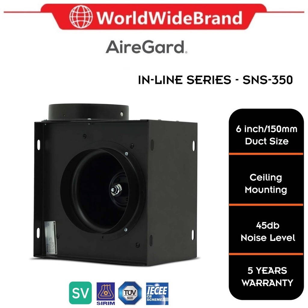 AIREGARD SNS-350 Exhaust Fan Ventilator (In-Line Series) l 6 Inch l SNS350 With Set Acessories ...