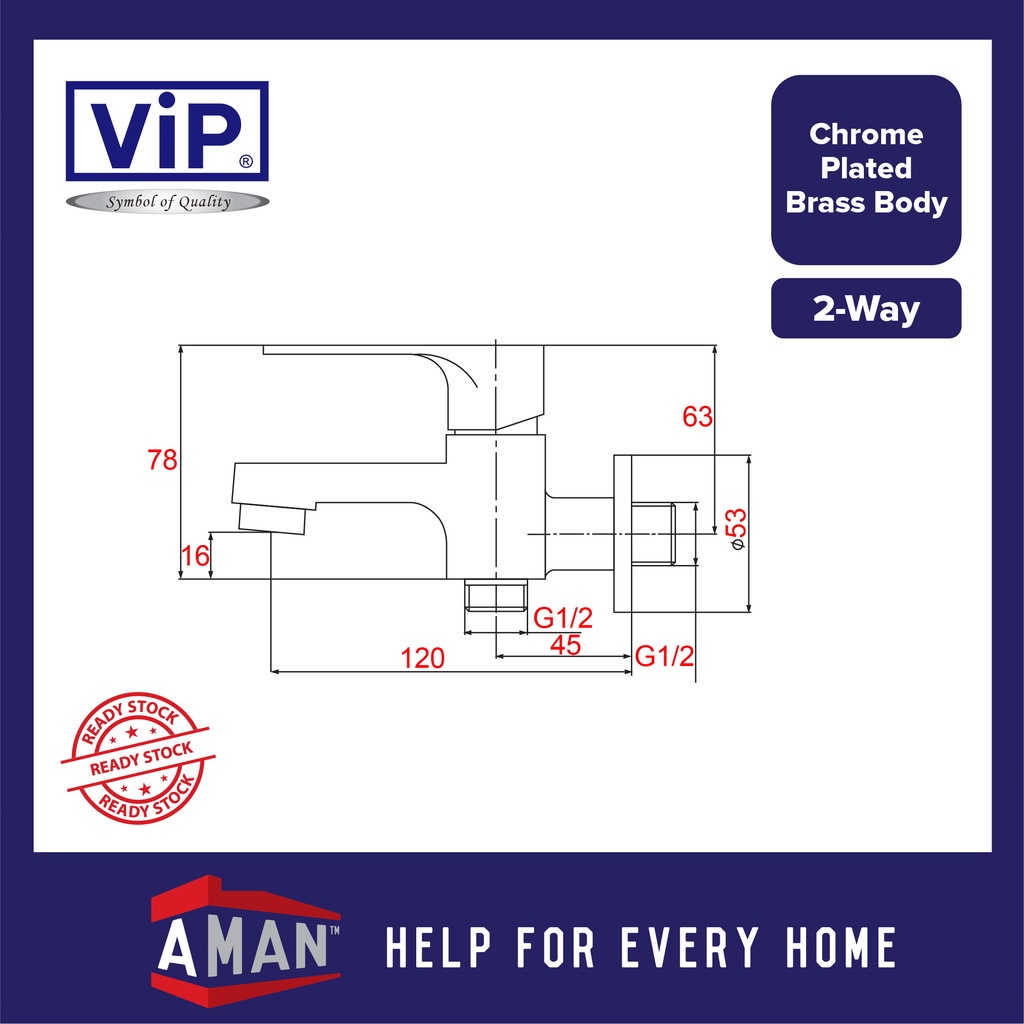 ViP 1-Way & 2-Way Heavy Duty Premium Chrome Plated Brass Body Wall Tap ...