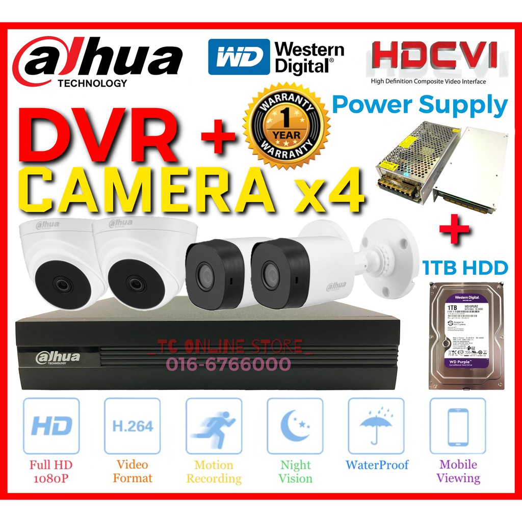 DAHUA 🌟4-CHANNEL🌟 2MP Full HD 1080P CCTV 2.0MP 4CH DVR + Camera + 1TB ...