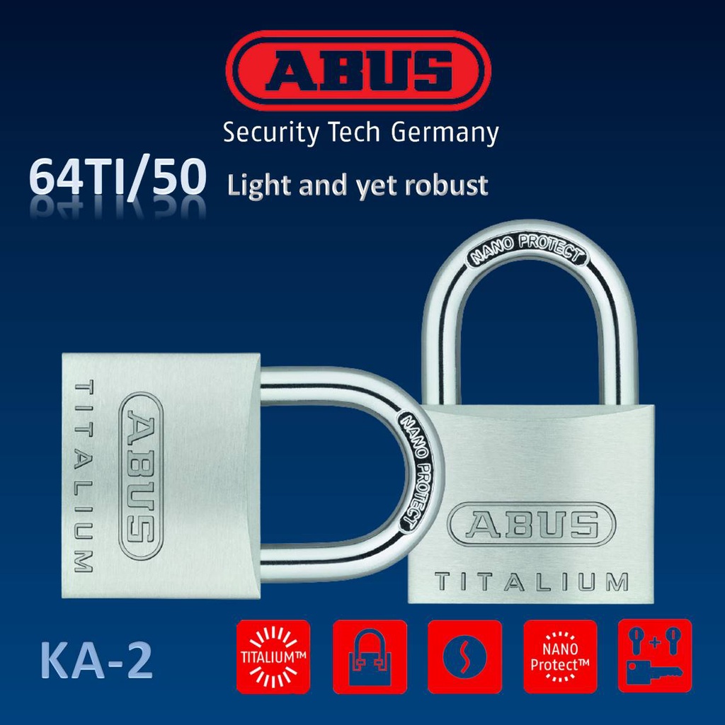 ABUS 64TI 50mm NANO PROTECT™ TITALIUM™ PADLOCK with KEY ALIKE SYSTEM 64TI/50 | Shopee Malaysia