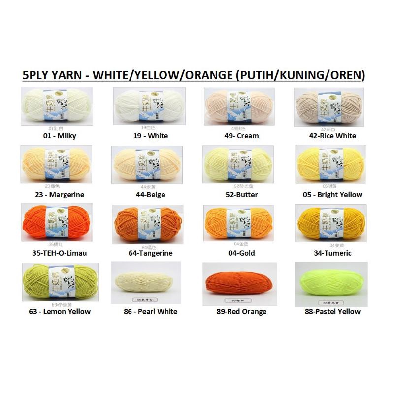 5ply Yarn(White/Yellow/Orange) Crochet Knitting Yarn 5 Ply Milk Cotton ...