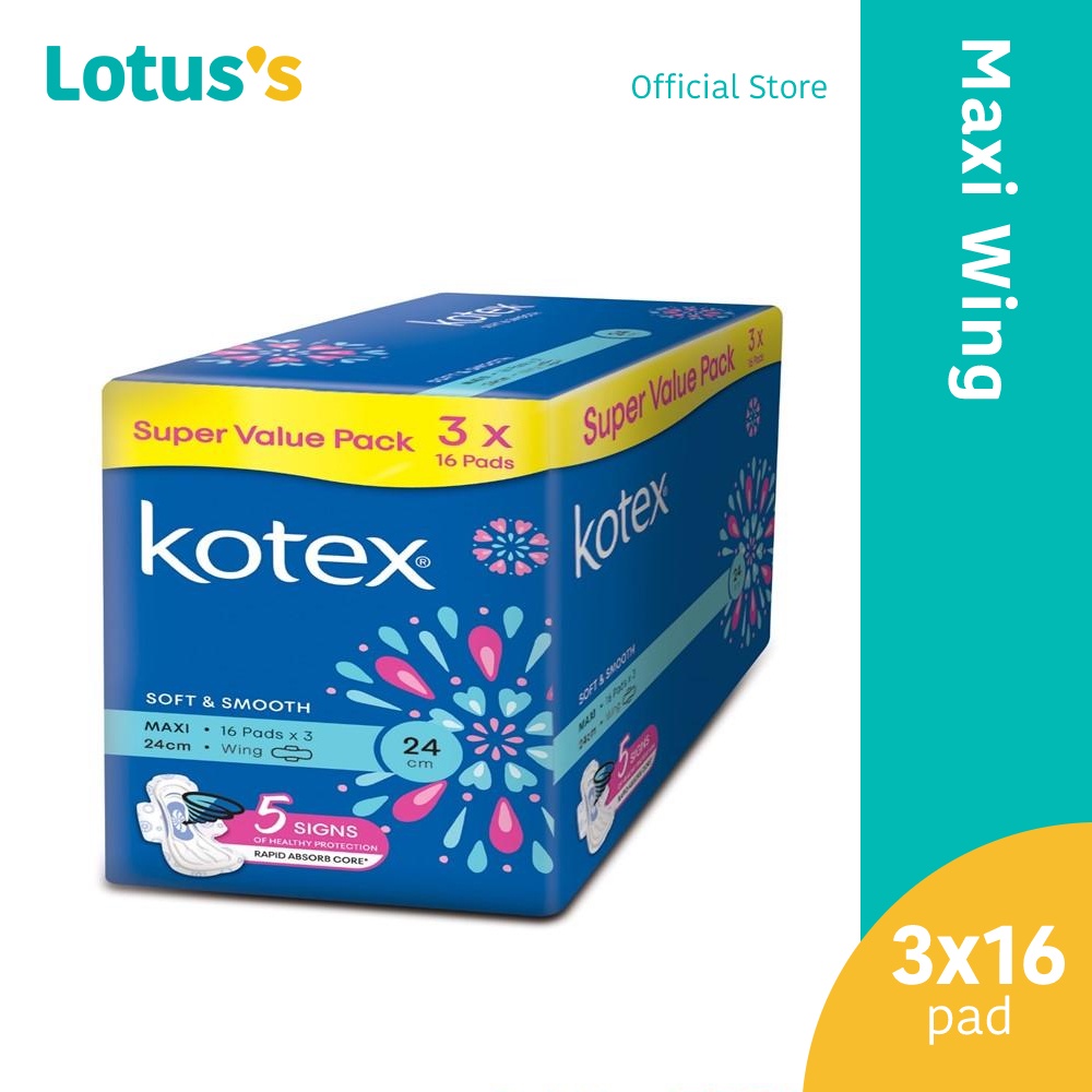 Kotex Soft & Smooth Maxi Regular/Heavy Flow Wing 24cm 3 x 16 Pads ...