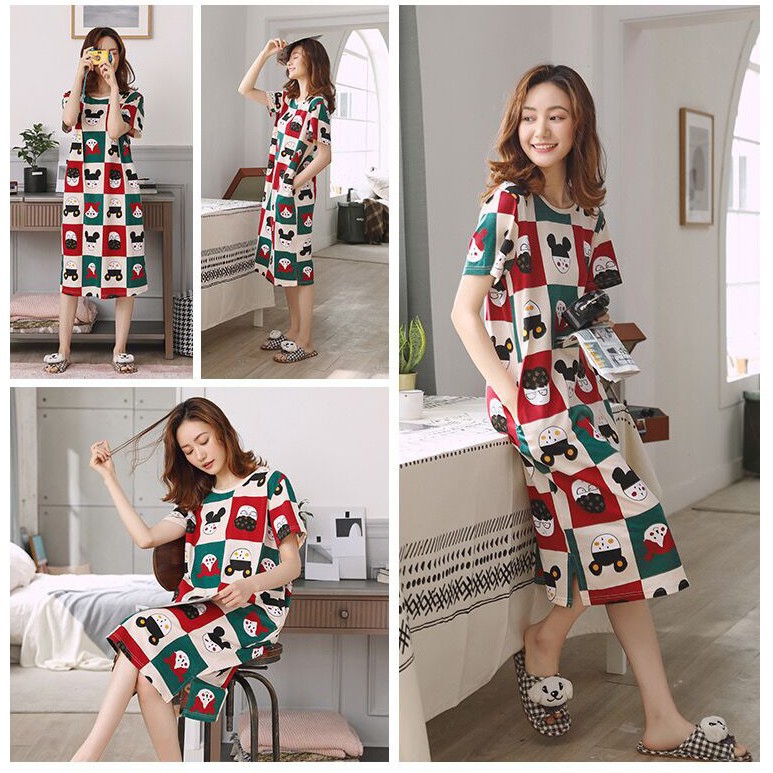 Gaun tidur Women dress short-sleeved cotton nightdress KIDS women's ...