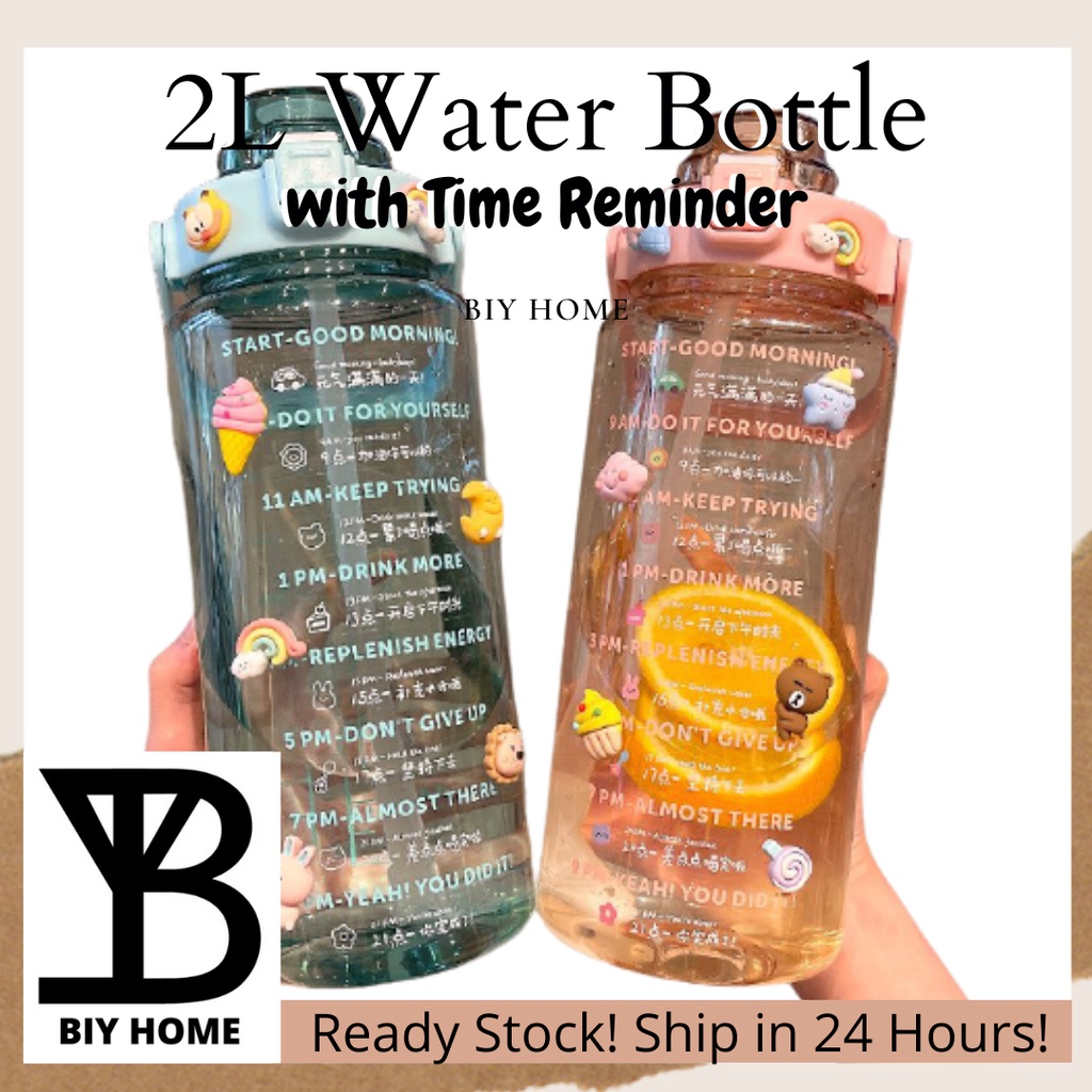 BIY MSIA 2000ml with Reminder Time Water Bottle Tumbler Straw Scale Big Bottle 2L Gym Bottle ...