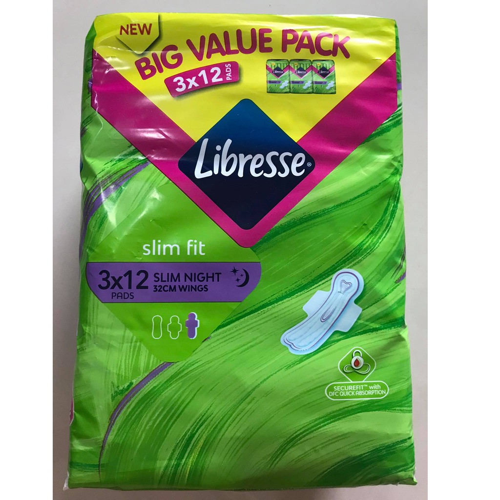 Libresse Pads Slim Night Sanitary Pads 32cm (Wings) Value Pack (3x12s ...