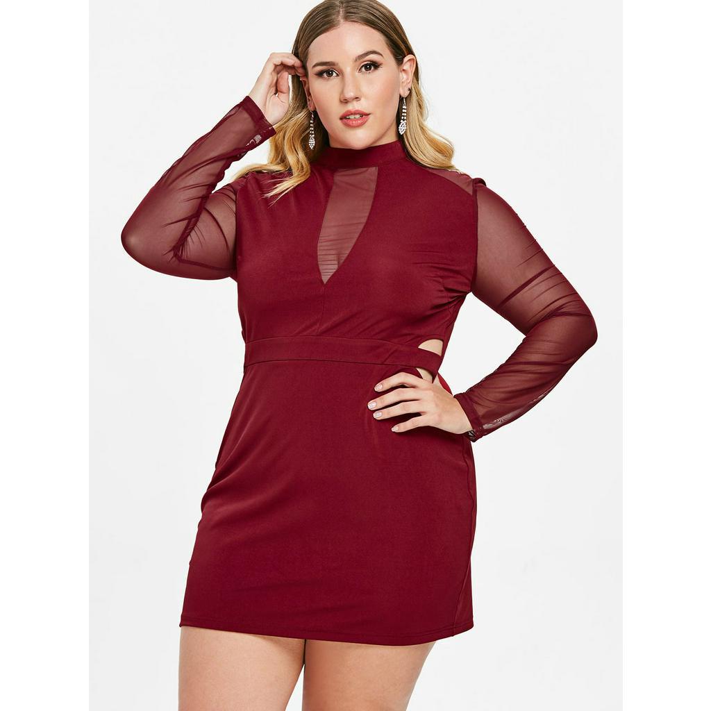 Plus Size Mesh Panel Side Cut Out Dress | Shopee Malaysia